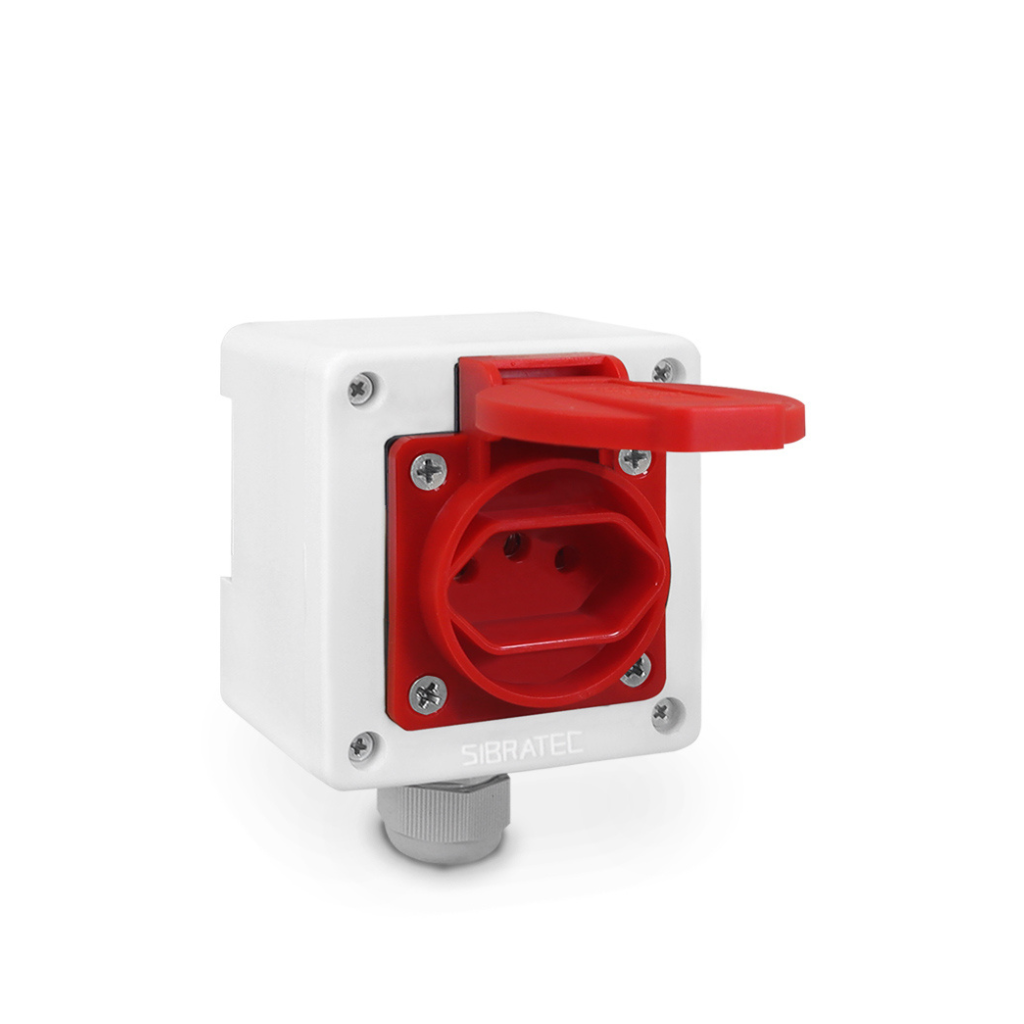 Tomada + Caixa Branca Padrão Brasileiro 2P+T 20A | Vermelho