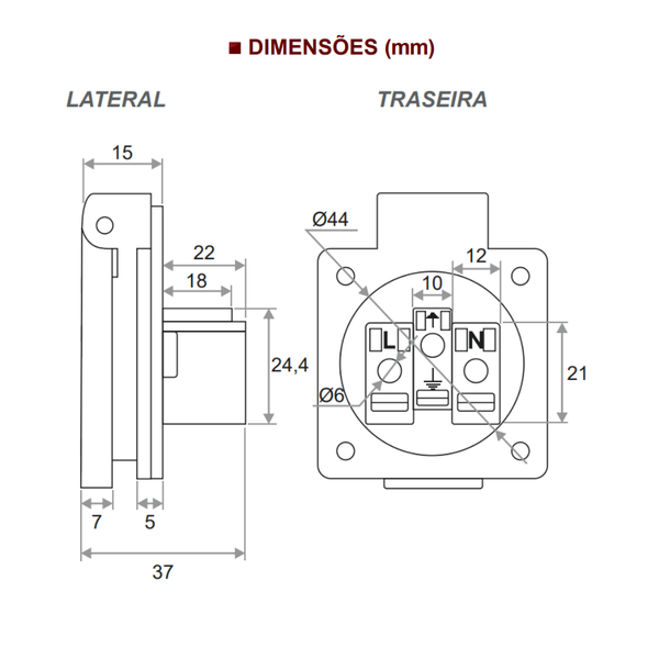 Tomada de Embutir para Painel Padrão Brasileiro 2P+T 20A com Tampa Amarelo