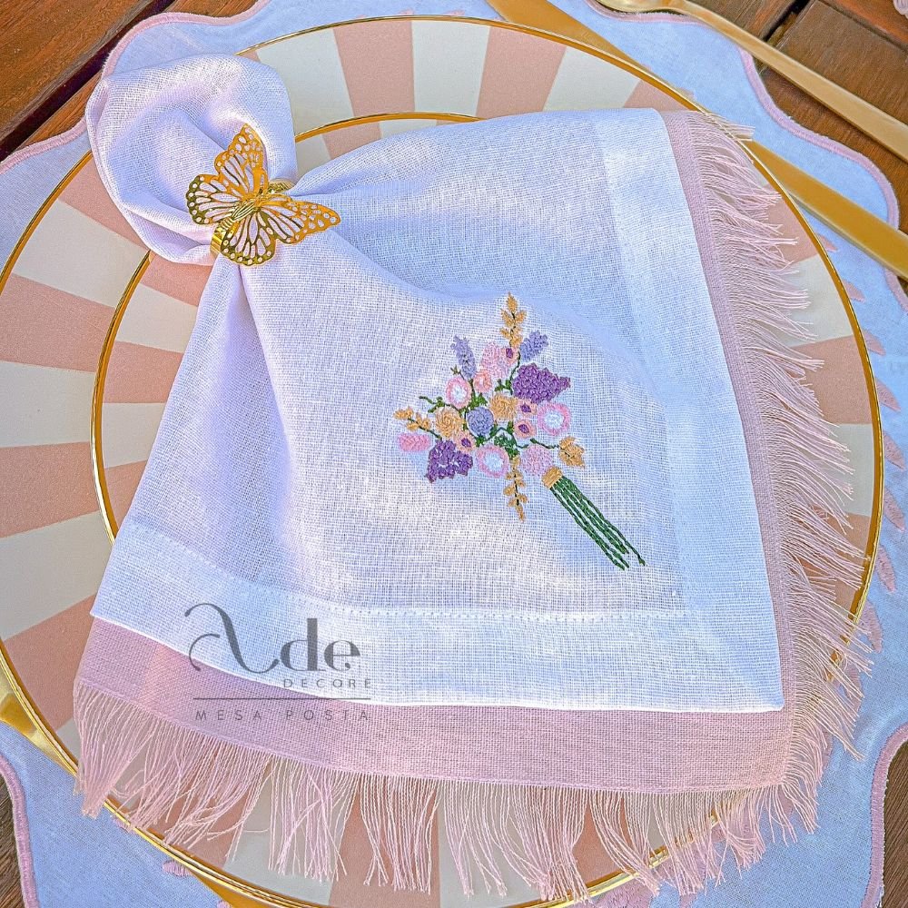 Guardanapo Linho Branco Buquê de Flores - 40 cm