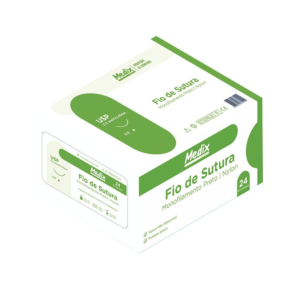 Fio Sutura Nylon 3-0 Com Agulha 3/8 Caixa com 24 - Medix