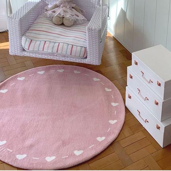 Tapete Redondo Rosa Moldura Corações Diametro 1,50