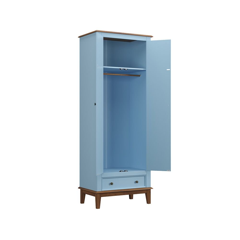 Guarda-Roupa Rústico 2 Portas e 1 Gavetas - Madeira Maciça e MDF Azul Claro