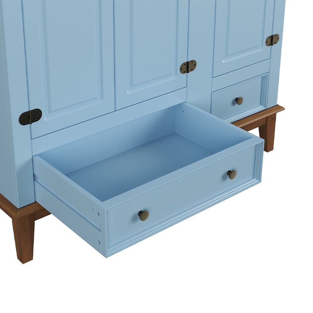 Guarda-Roupa Rústico 3 Portas e 2 Gavetas - Madeira Maciça e MDF Azul Claro