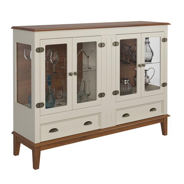 Mini Cristaleira de Madeira Maciça 4 portas Off White - Fundo Amêndoa