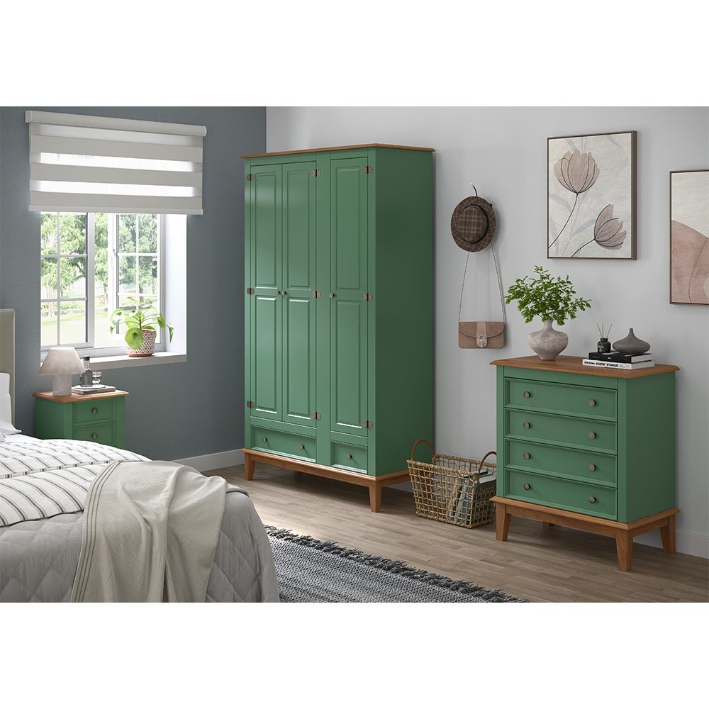 Guarda-Roupa Rústico 3 Portas e 2 Gavetas - Madeira Maciça e MDF Verde