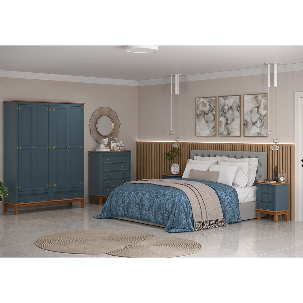 Guarda-Roupa Rústico 4 Portas e 2 Gavetas - Madeira Maciça e MDF Azul ...