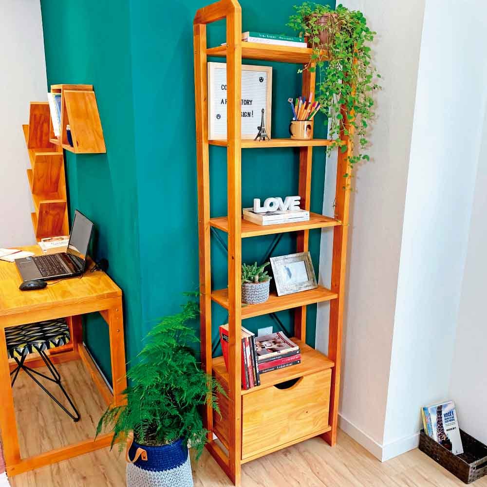 Estante 6 Prateleiras de Madeira Pinus Linea Slim com Gaveta Carvalho