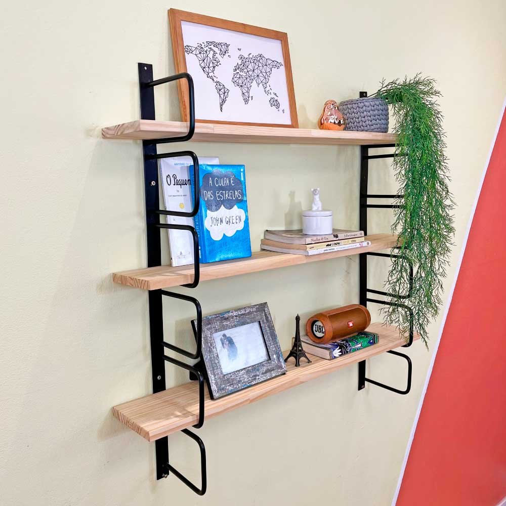 Prateleira de Parede Bracket 3 Prateleiras Industrial 90cm Natural e Preto