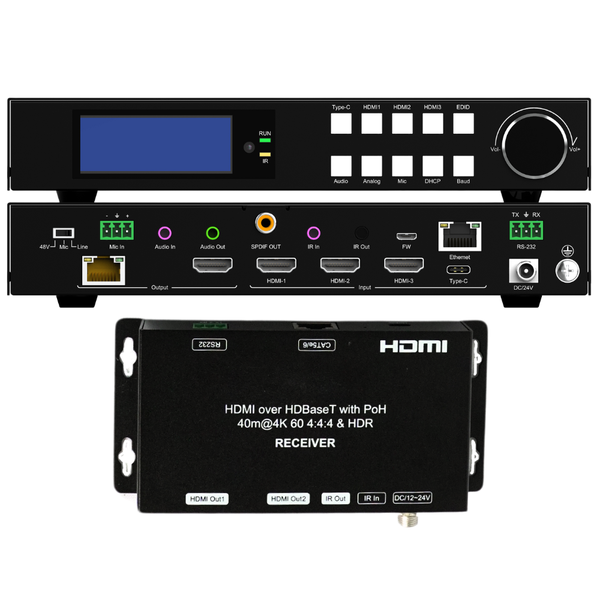 Kit Switch HDMI 4x2 Smart Presentation com microfone, USB-C e Extensor HDBaseT 40m@4K Encore