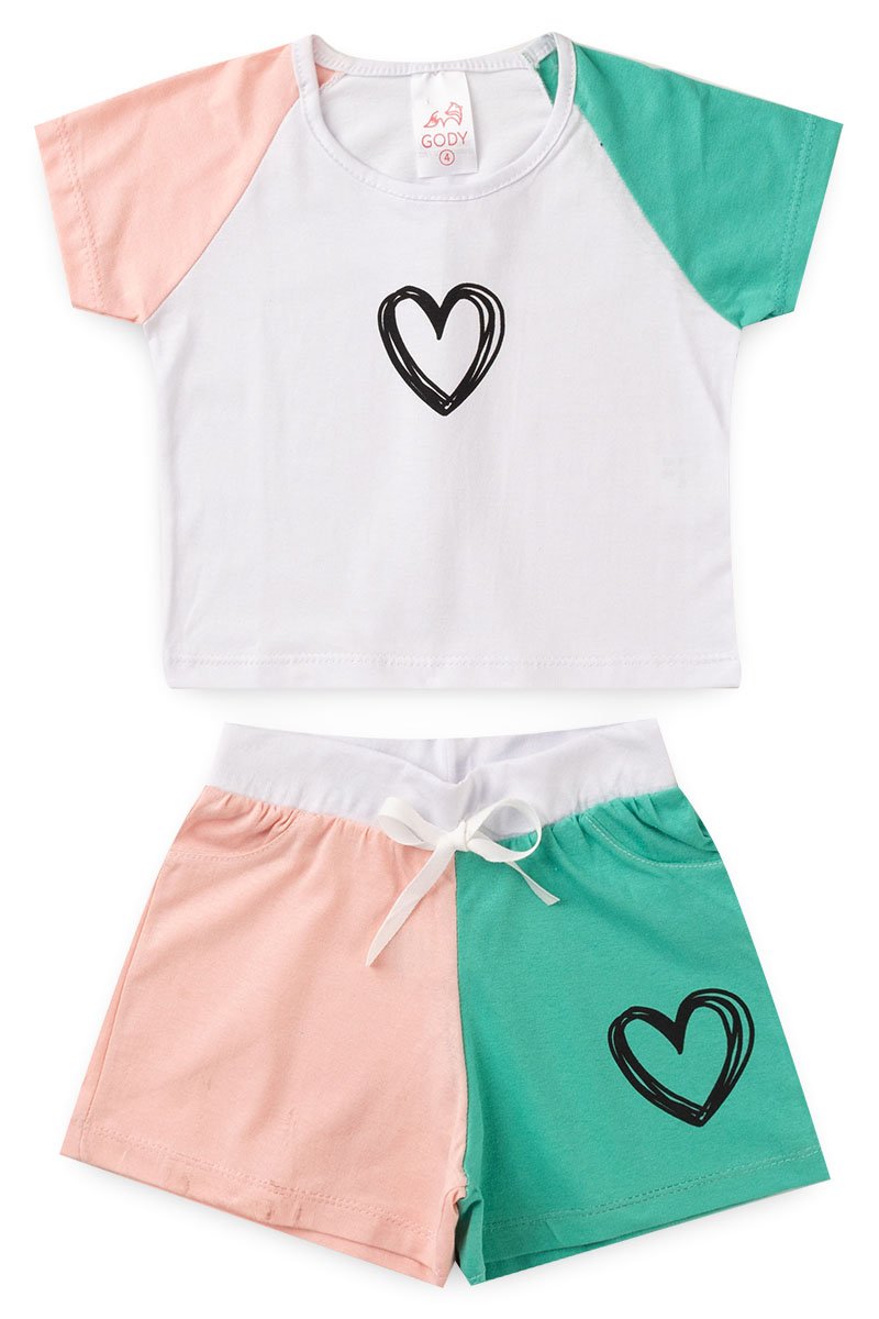 Conjunto Infantil Menina Cropped Coração Rosa Pink