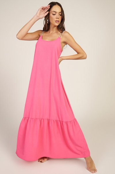 Saída de Praia Vestido Longo c/ Alça Strass Rosa Pink