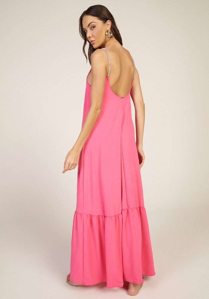 Saída de Praia Vestido Longo c/ Alça Strass Rosa Pink