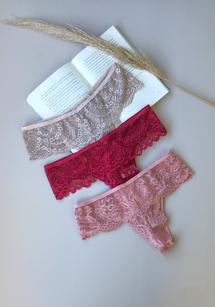 Kit 3 Calcinhas de Renda Fio Dental Base - Divino - Romance