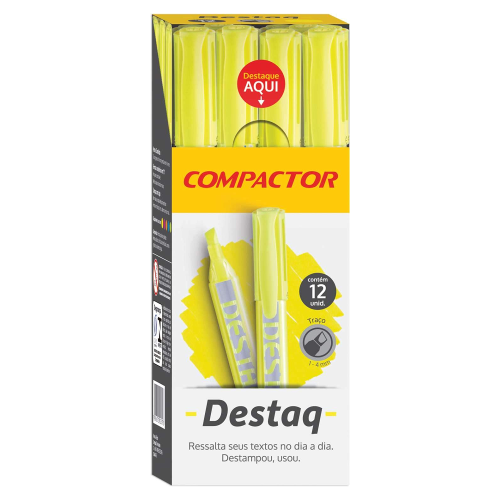 Caneta marca texto Compactor amarelo c/12 ref 1753006 - BCL Distribuidora