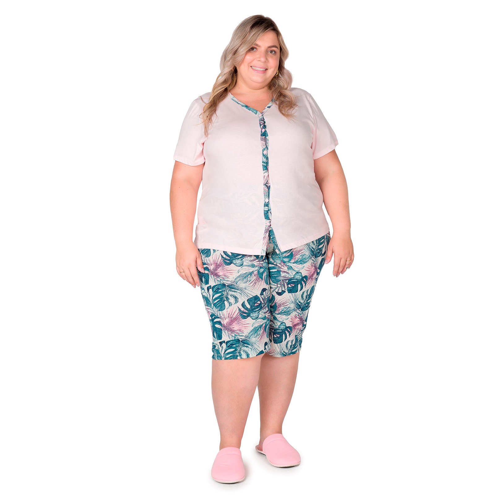 Pijama Feminino Plus Size Capri Rosa Aberto - Bela Notte