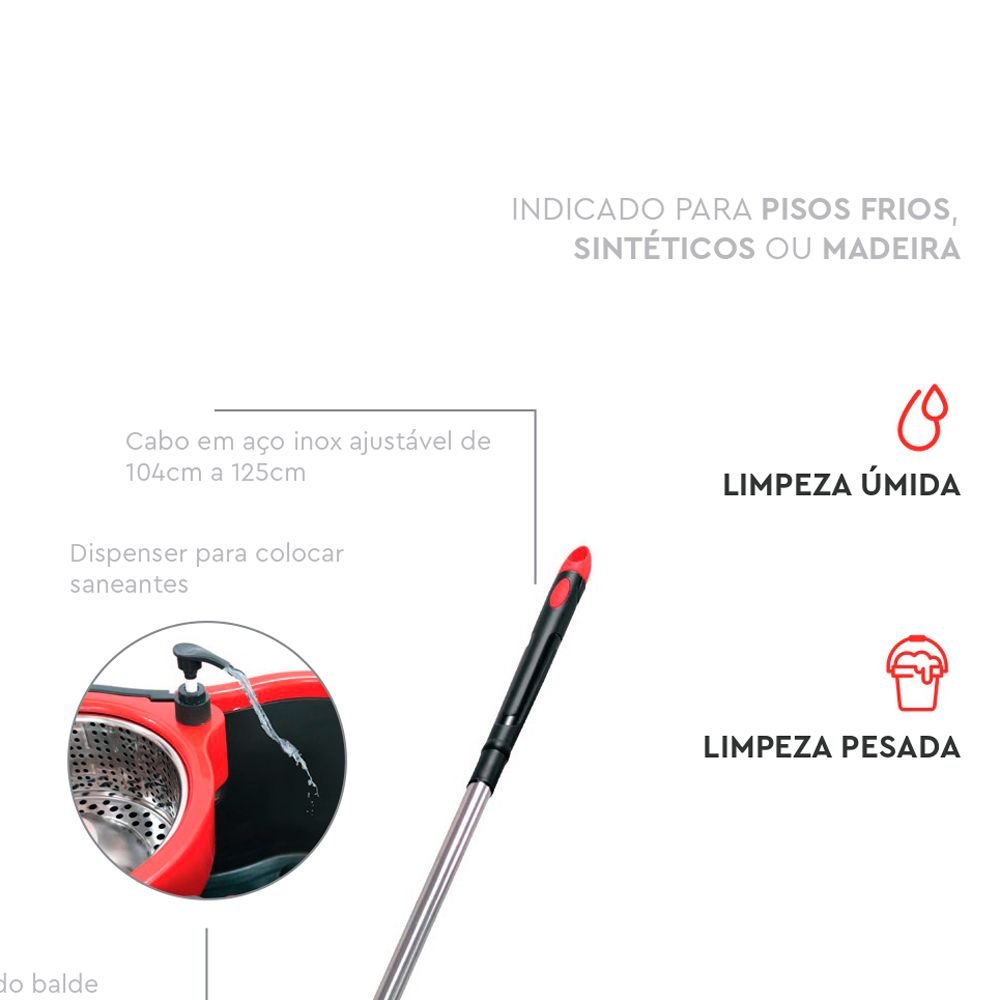 Esfregão Mop Giratório 360° Limpeza Ajustável Com Balde Inox - Powermaid
