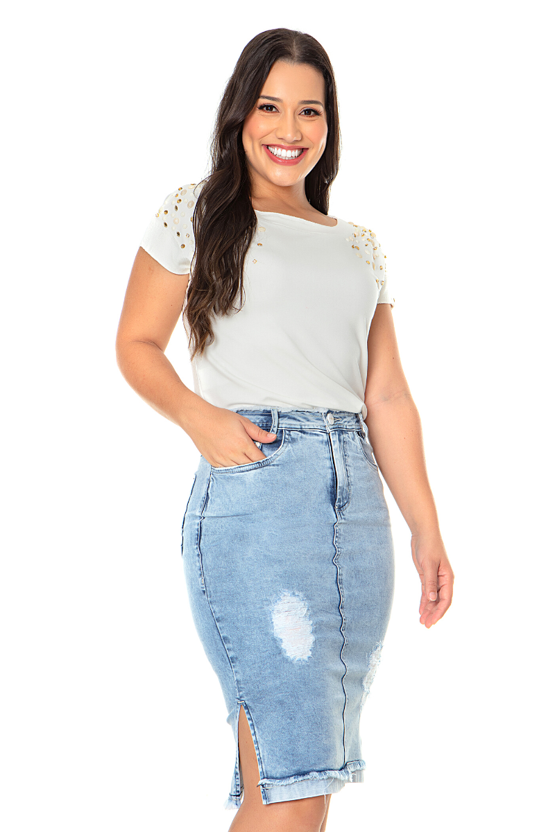 Saia Jeans Justa Fendas Laterais Gisele - Hapuk