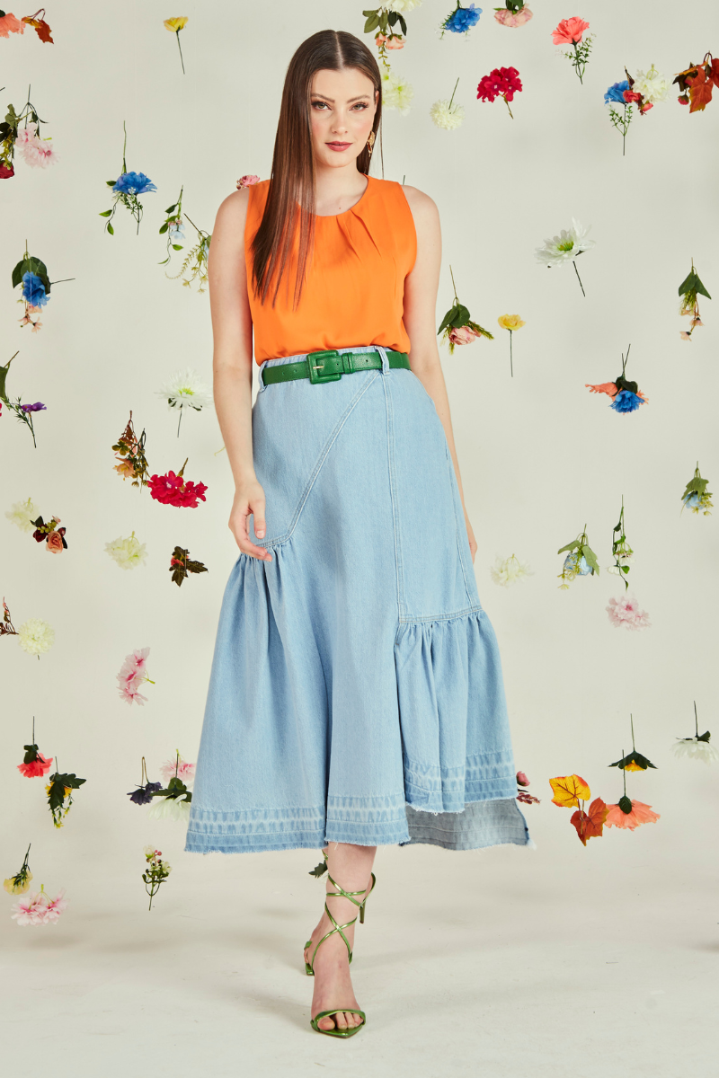 Saia Jeans Midi Assimétrica - Maria De Saia