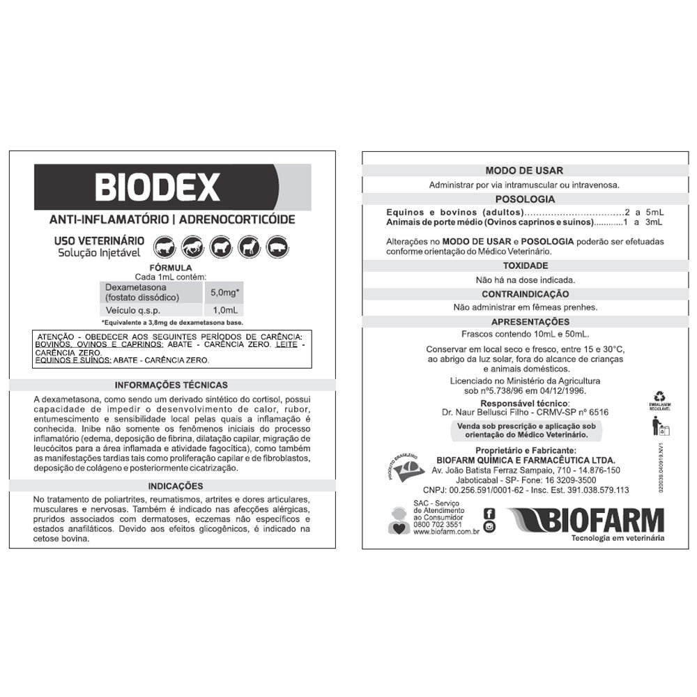 Biodex Antialérgico e Anti-inflamatório Injetável Biofarm 10 ml