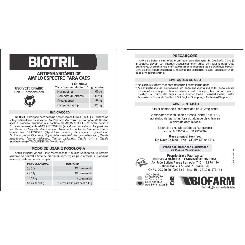 Vermífugo Oral Biotril Biofarm para Cães