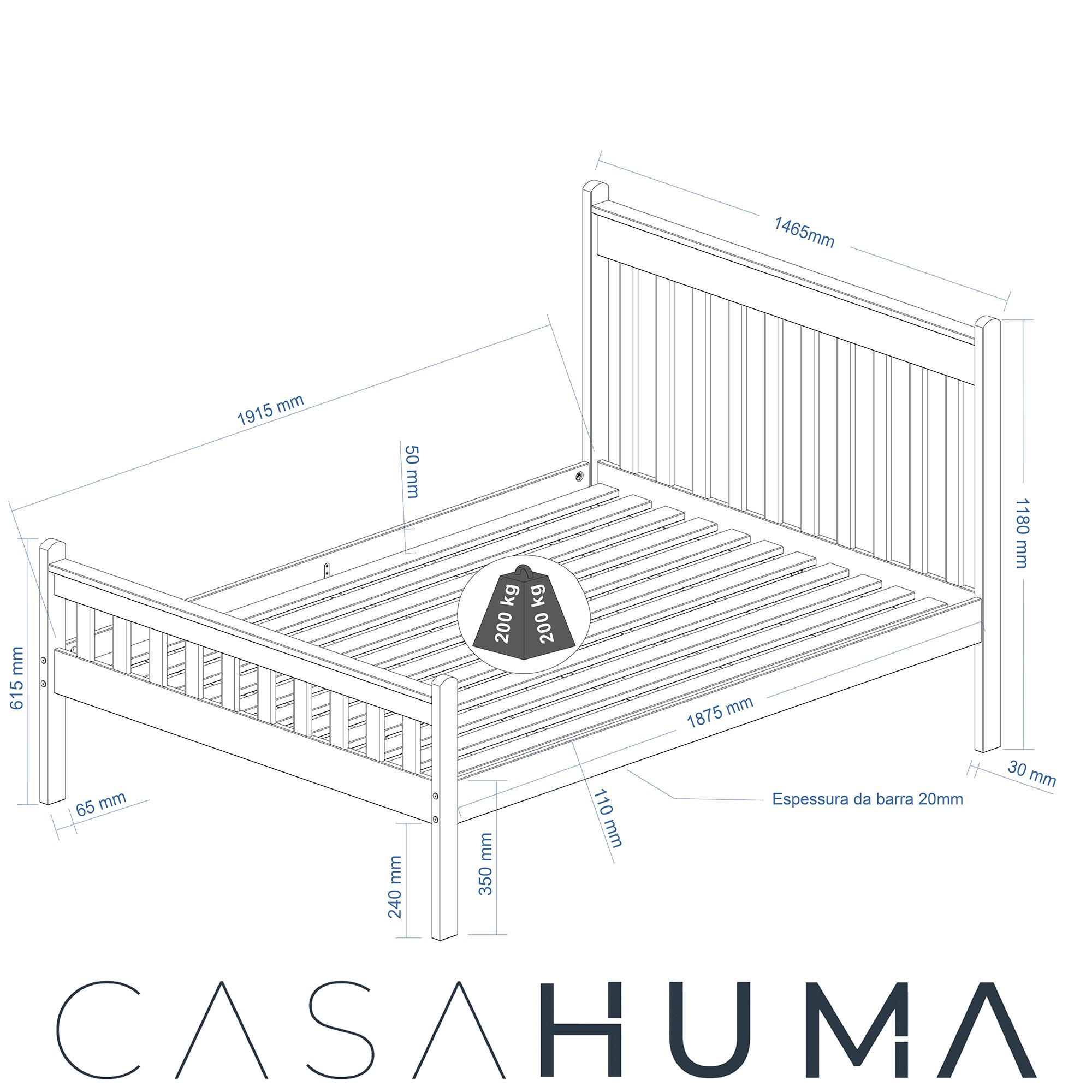 Cama Casal Campestre em Madeira Maciça 140 cm x 190 cm - Mel