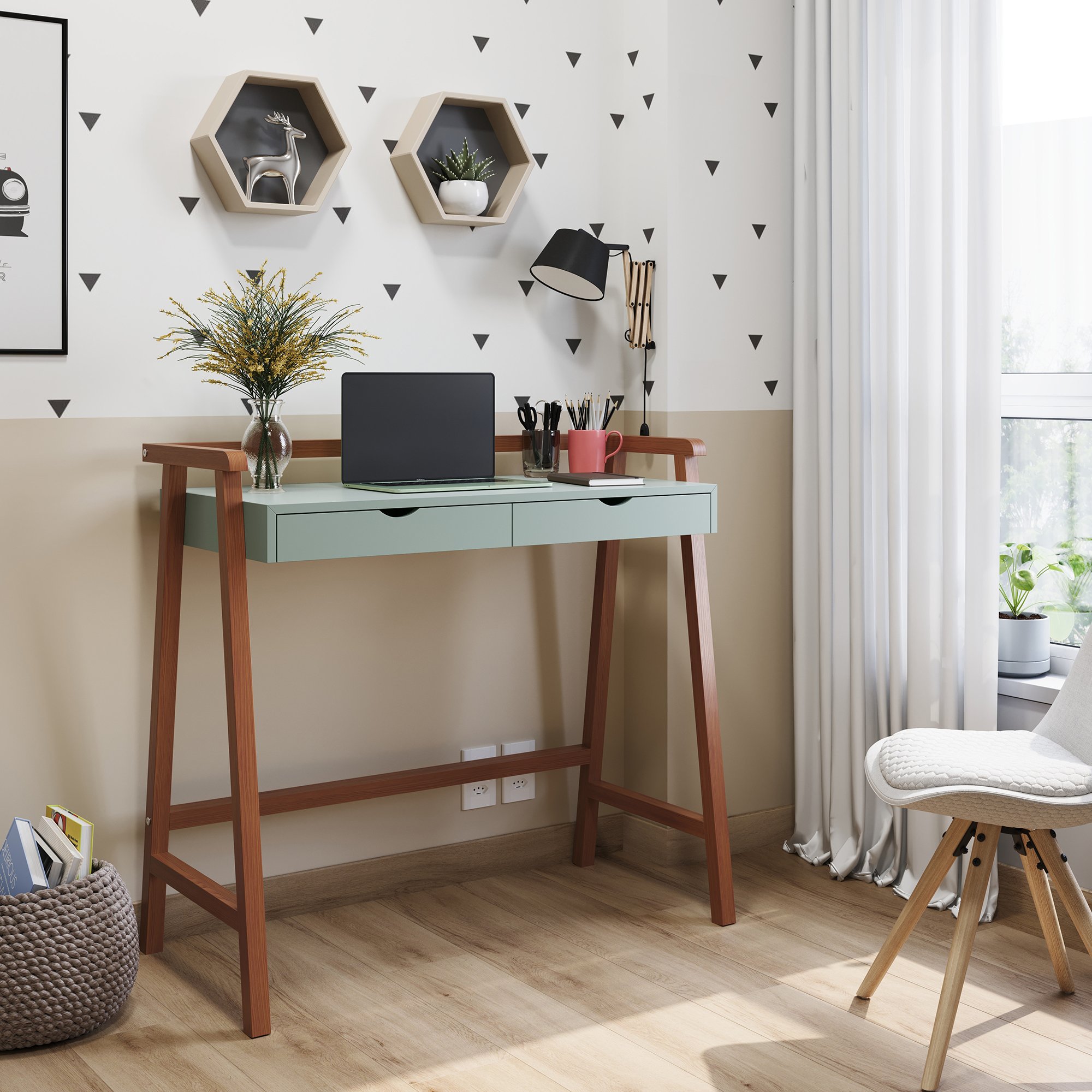 Escrivaninha Bizz 2 Gavetas Madeira Taeda - Verde Oliva/Amêndoa