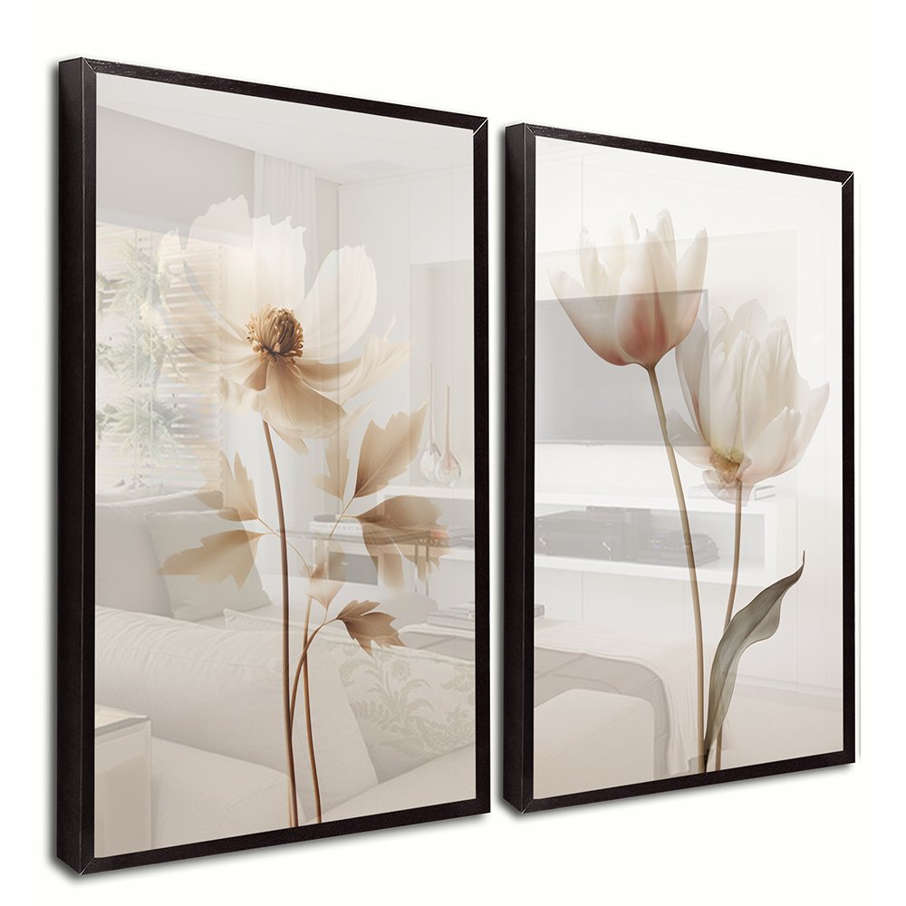Quadros Decorativo Flores Clean v14 Kit com 2 Quadros