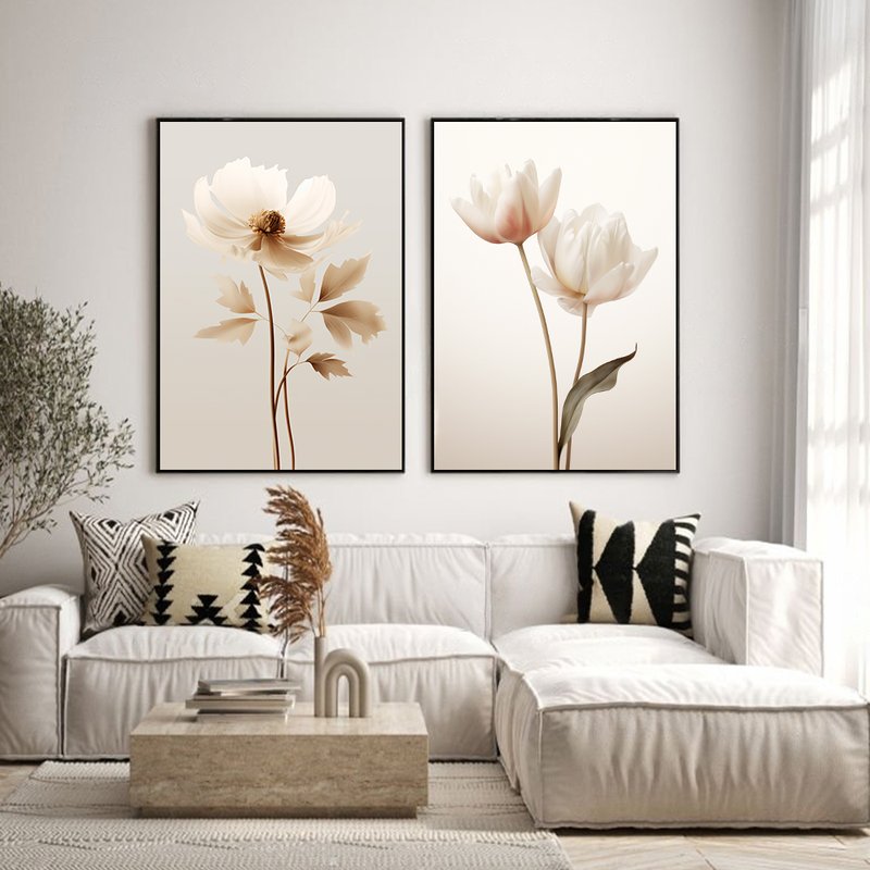 Quadros Decorativo Flores Clean v14 Kit com 2 Quadros