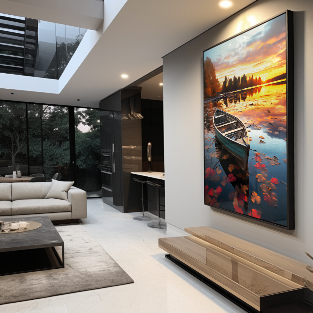 Quadro Decorativo Canoa ao por do sol no lago