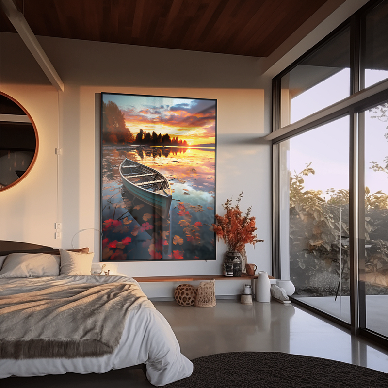 Quadro Decorativo Canoa ao por do sol no lago