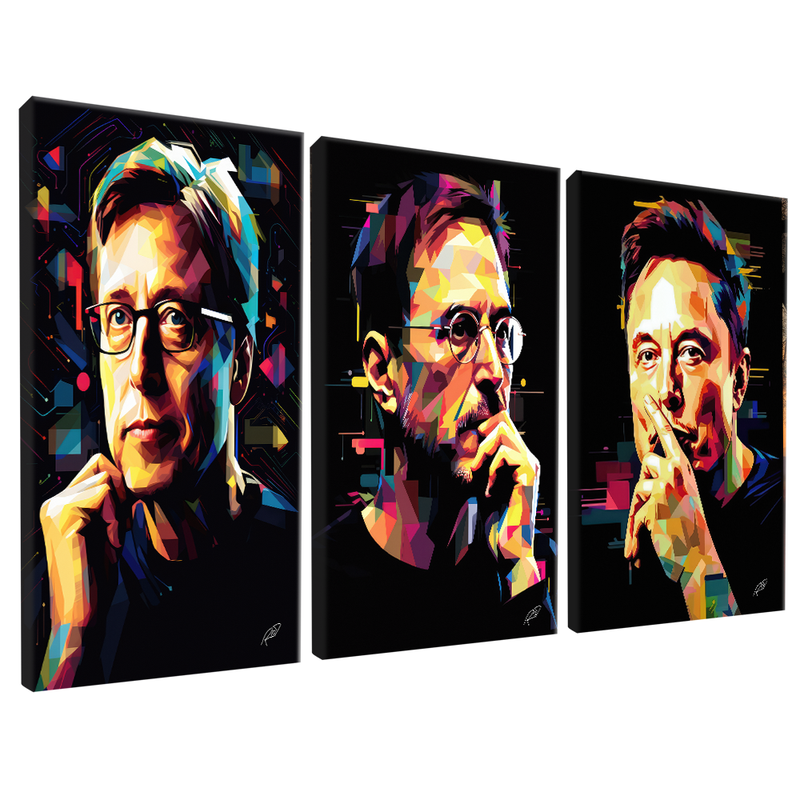 Quadros Decorativos 3 Peças Elon Musk, Steve Jobs e Bill Gates
