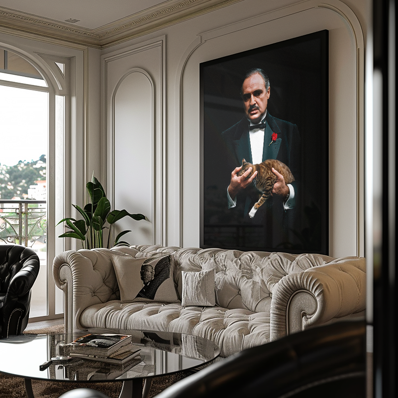 Quadro Decorativo Don Corleone Segurando Gato V1561