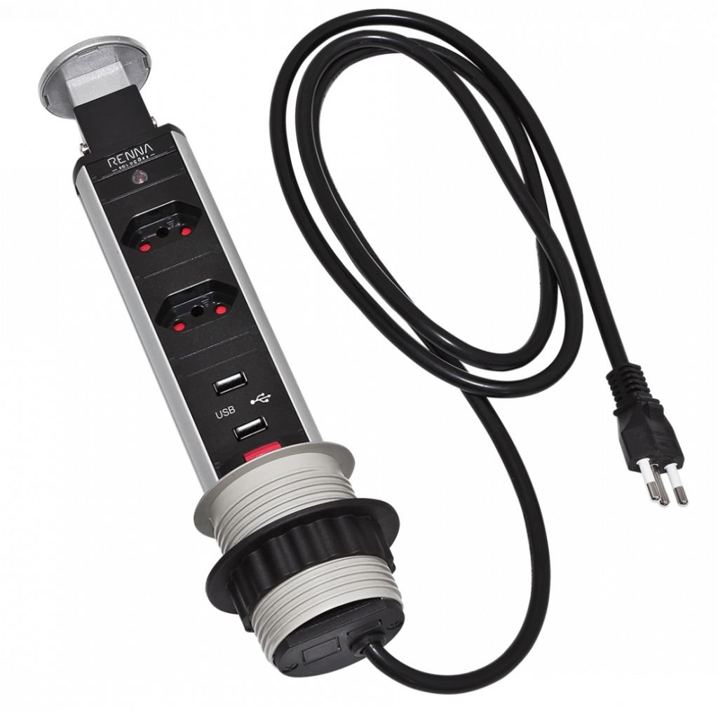 Torre de Tomada 2 Tomadas + USB Prata