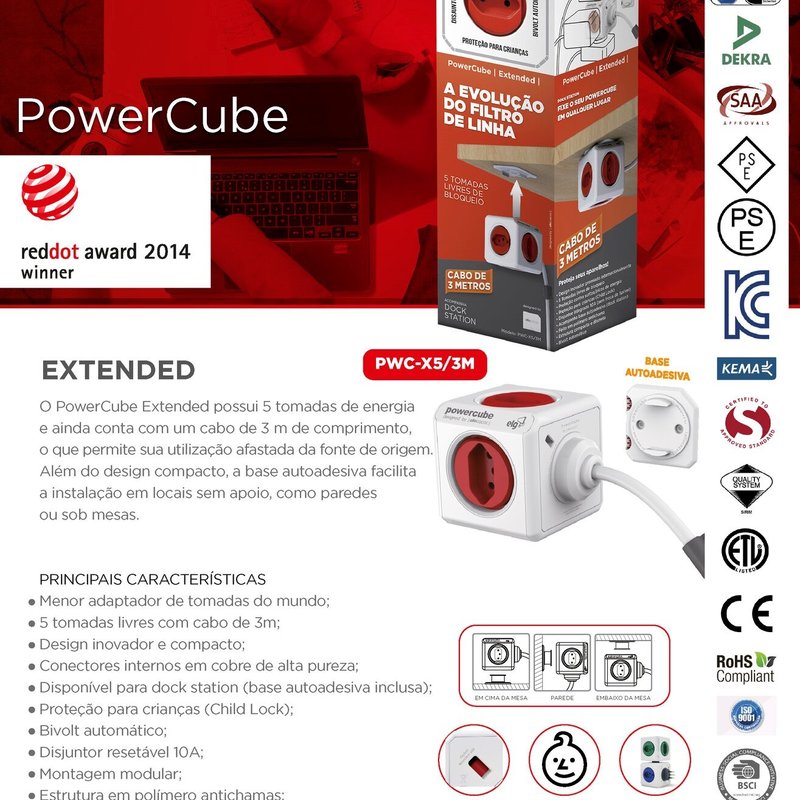 PowerCube Extended PWC-X5/3M ELG Vermelho 5 Tomadas Cabo 3m