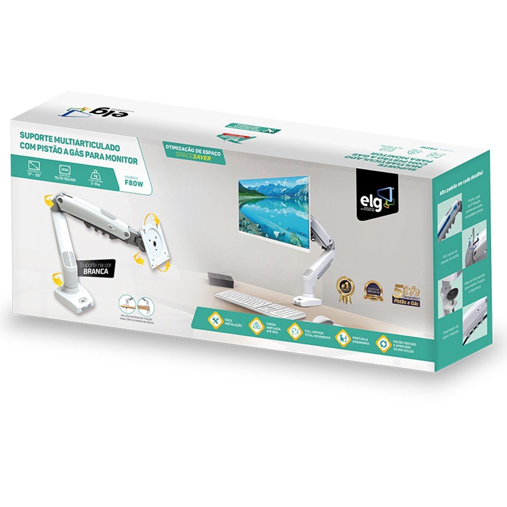 Suporte Monitor 17 a 35 Pistão a Gás F80W ELG Branco