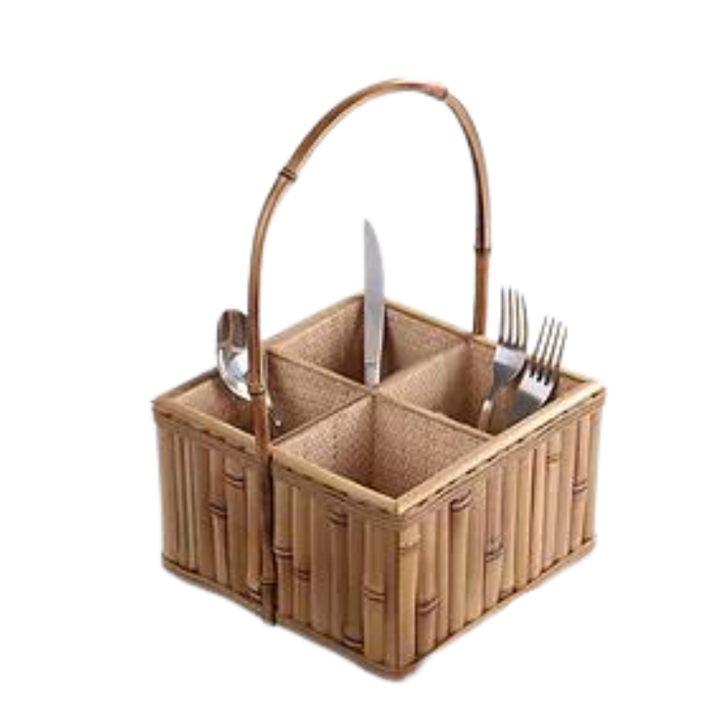 Porta Talher Bambu com Alça e 4 Divisórias