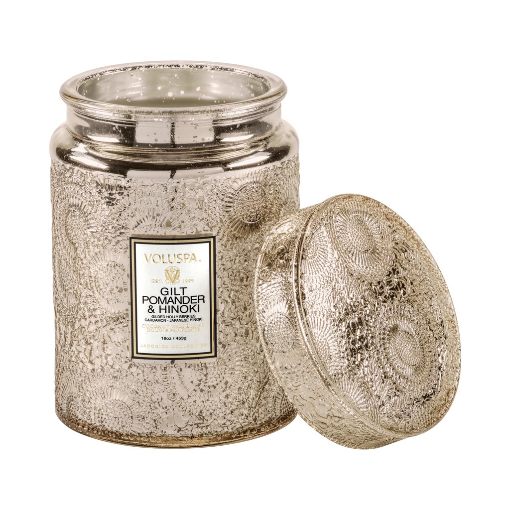 Vela Pote Vidro G 100h Tampa Vidro Relevo Gilt Pomander e Hinoki Voluspa