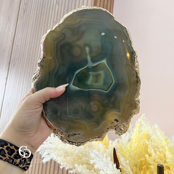 Platter Pedra Ágata Verde de 20 à 24cm Com Banho De Ouro Na Borda