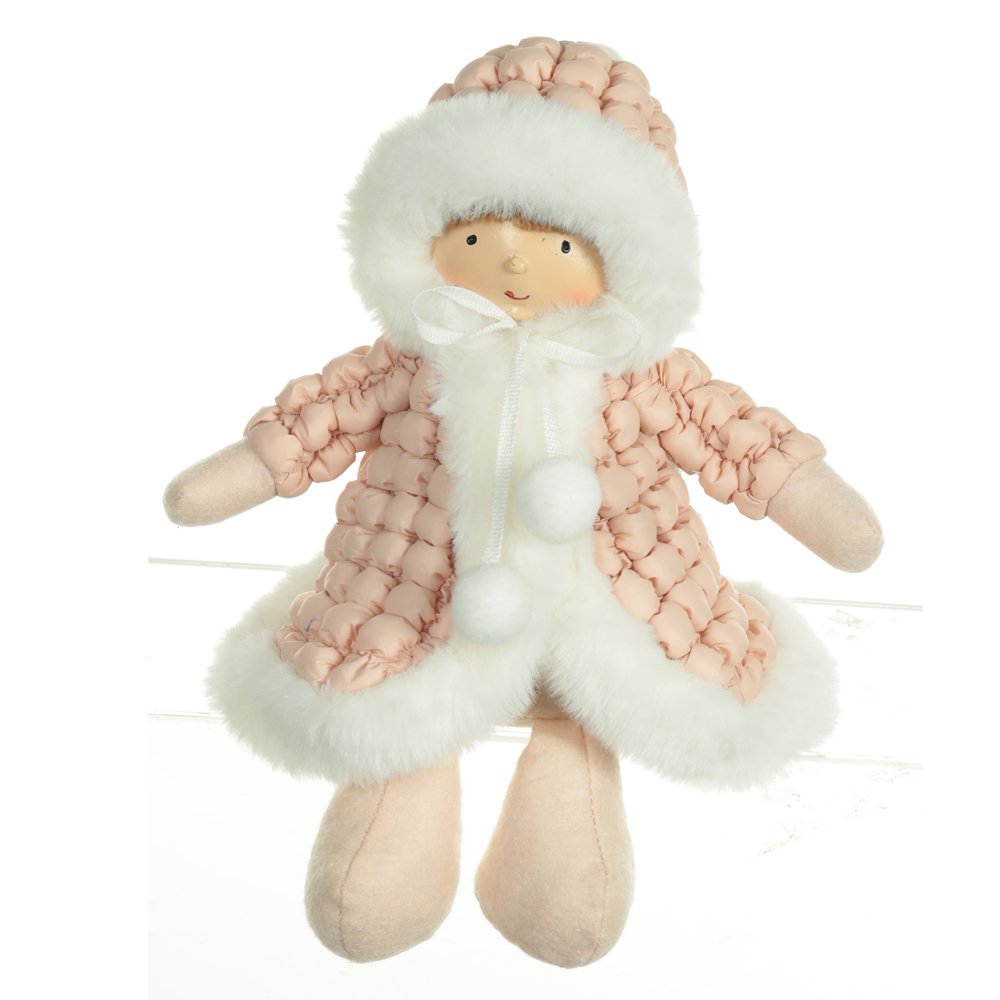 Boneco Sentado De Natal Rosa e Branco 18cm