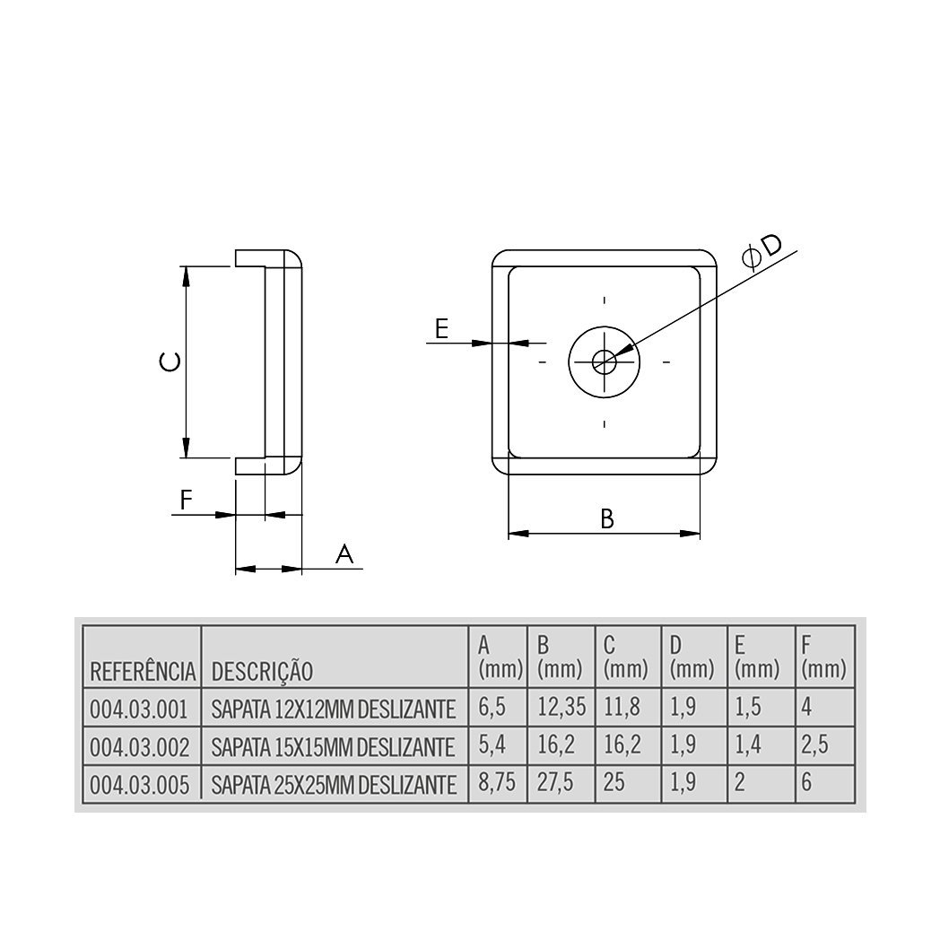 Sapata Deslizante U 15x15mm 100und SAS Plastic Preto