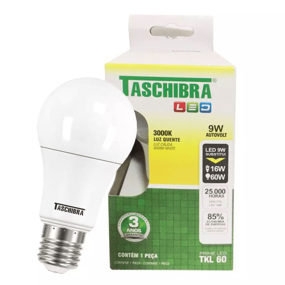 Lâmpada Bulbo LED 9W E27 3000K Luz Quente Bivolt TASCHIBRA