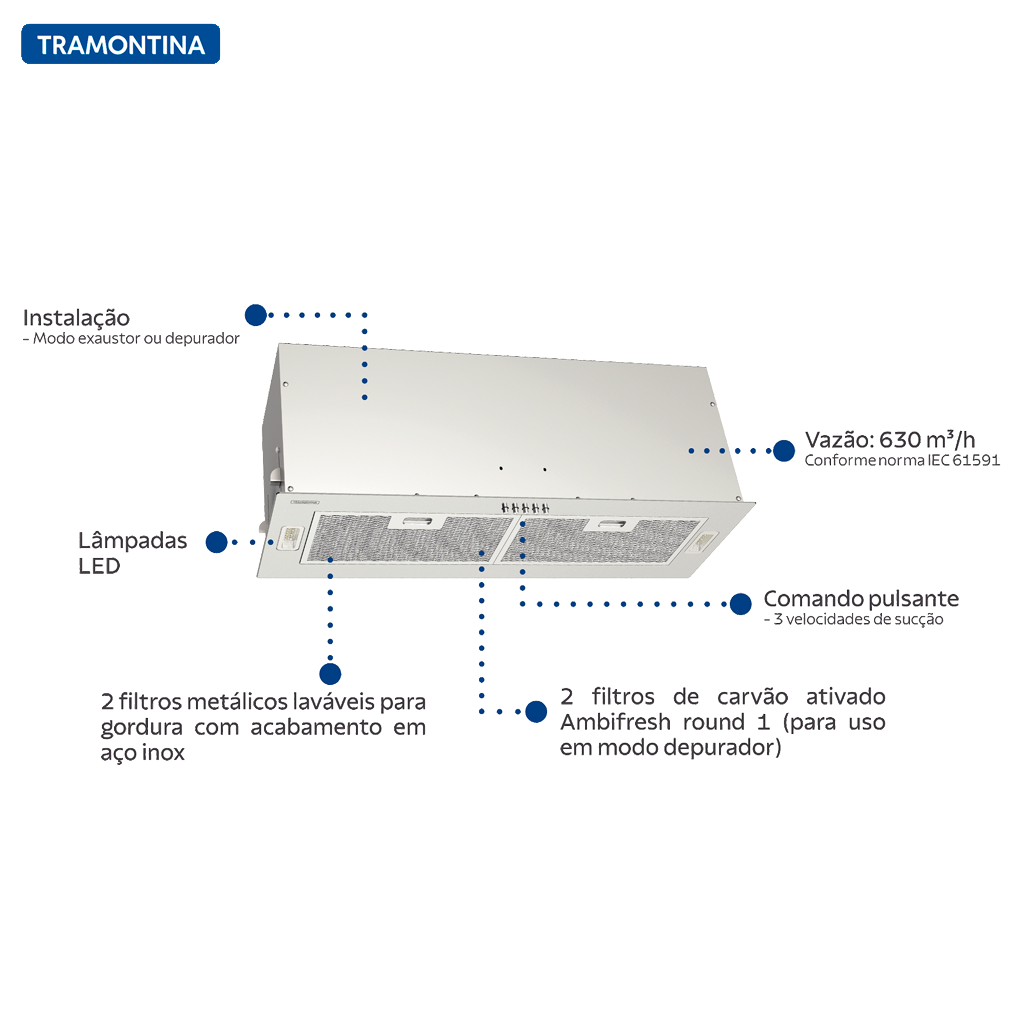 Coifa de Embutir Tramontina Incasso Retangular 75 Aço Inox 220V