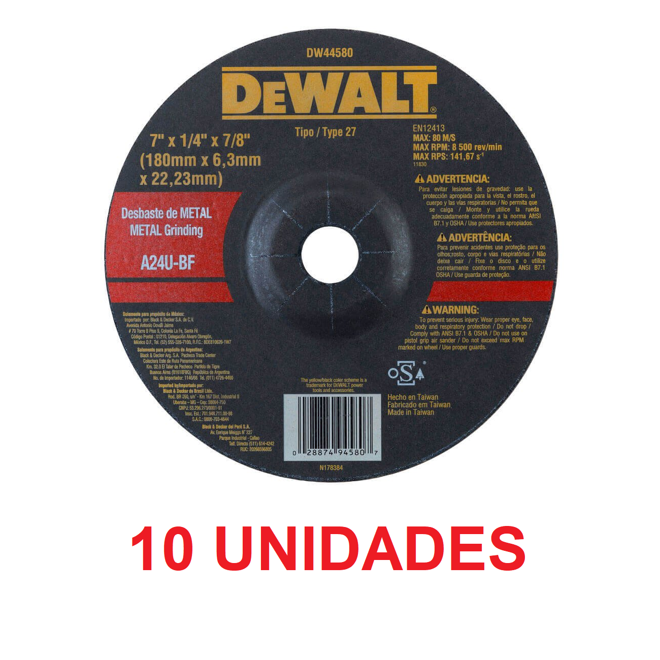 Disco de Desbaste 180X6.4X22mm Aço Dewalt DW44580 - 10 Unidades | COREBRAL