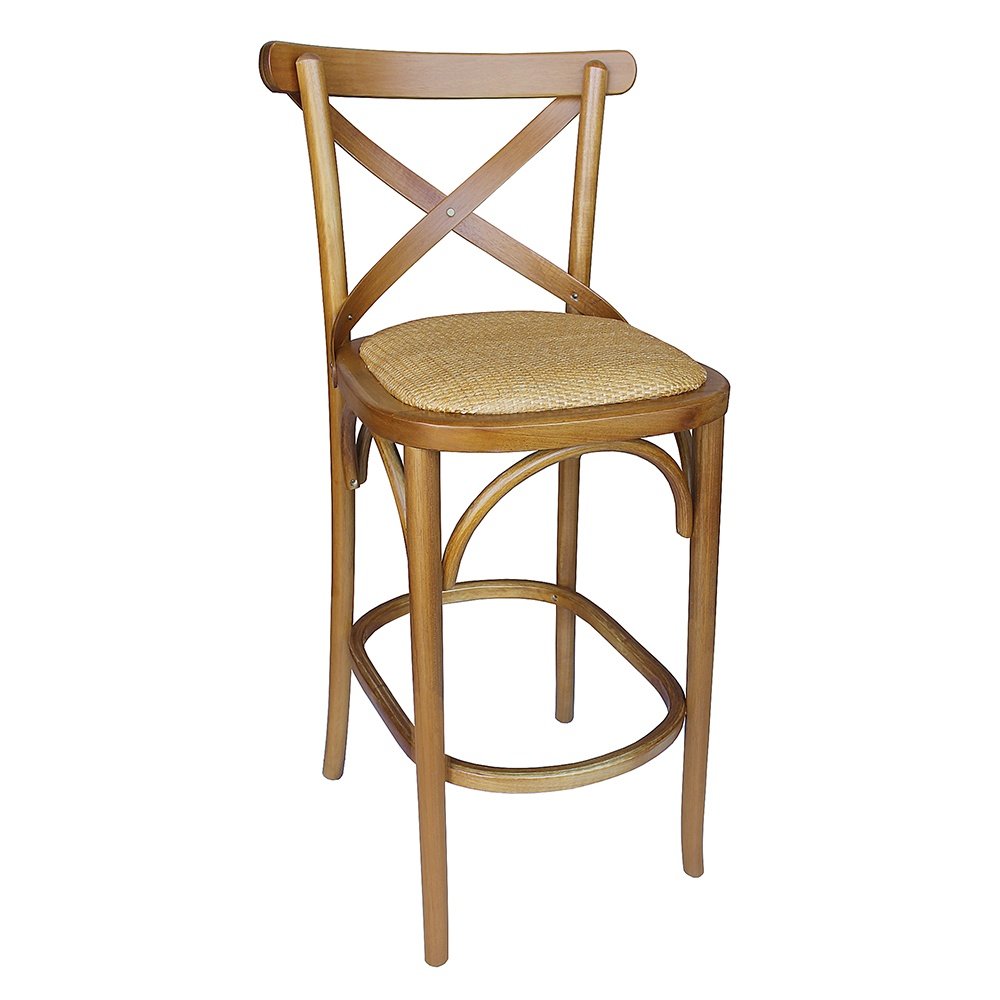 Banqueta de Madeira Alta Katrina X Assento de Rattan - Decorei Bem