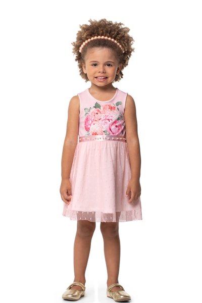 Vestido em Neoprene Infantil Menina Flores Rosa - Ding Dang