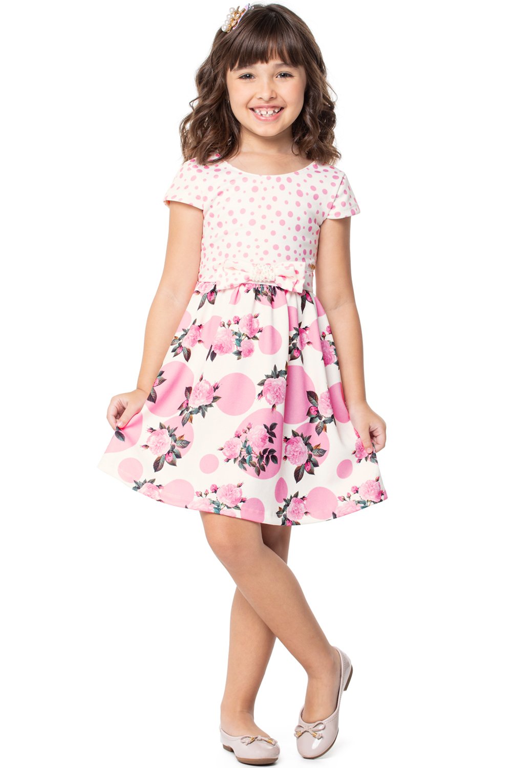 Vestido em Neoprene Infantil Menina Bolinhas Rosa - Ding Dang