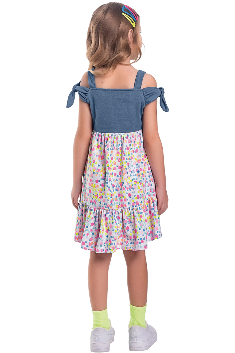 Vestido Stretch Denim e Meia Malha Infantil Menina Azul - Fakini