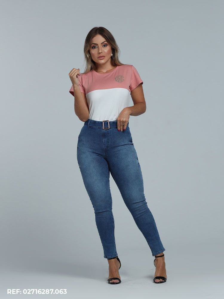 Calça Jeans Cropped com Zíper Lateral + Cinto Edex Jeans Azul