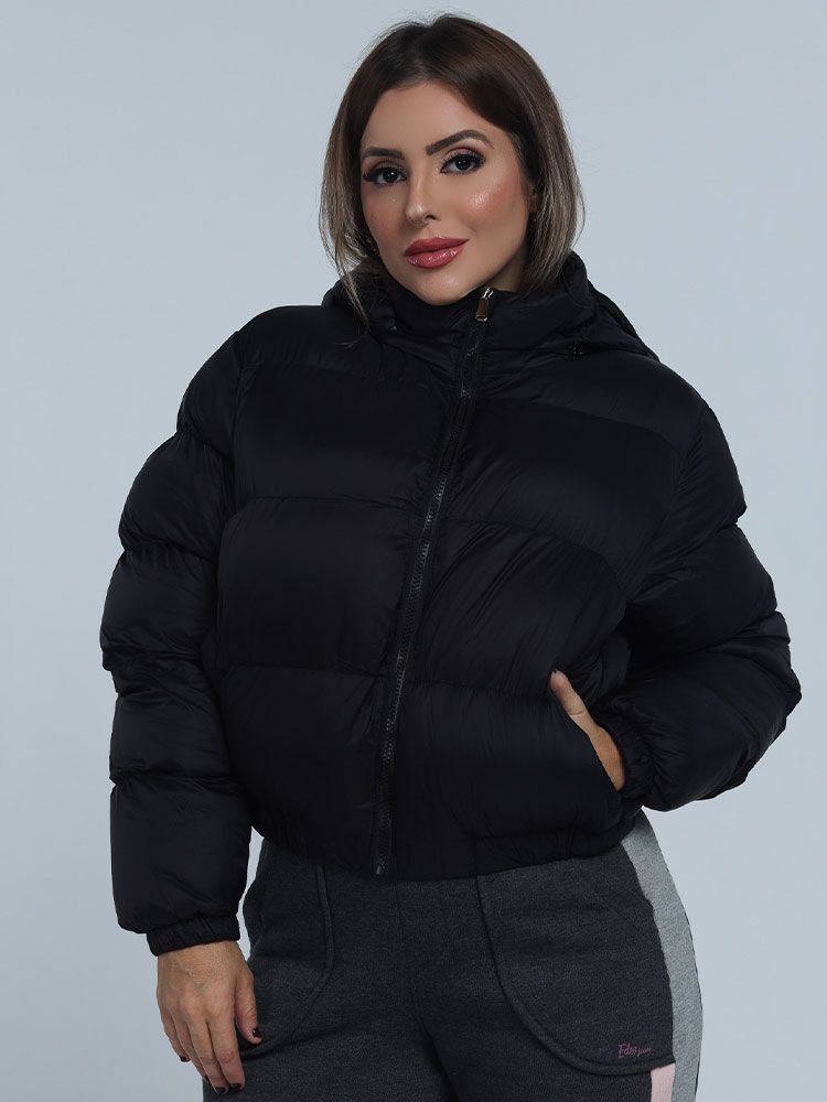 Jaqueta Feminina Nylon Puff Neon Gola Alta (Preto)