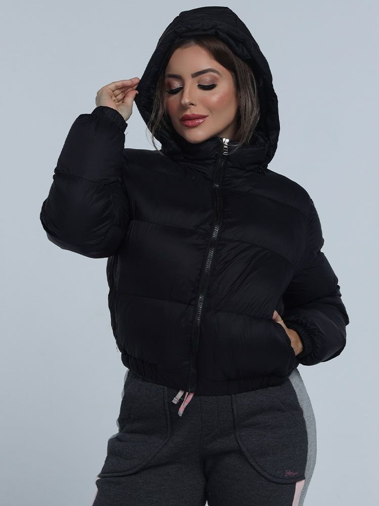 Jaqueta Feminina Nylon Puff Neon Gola Alta (Preto)